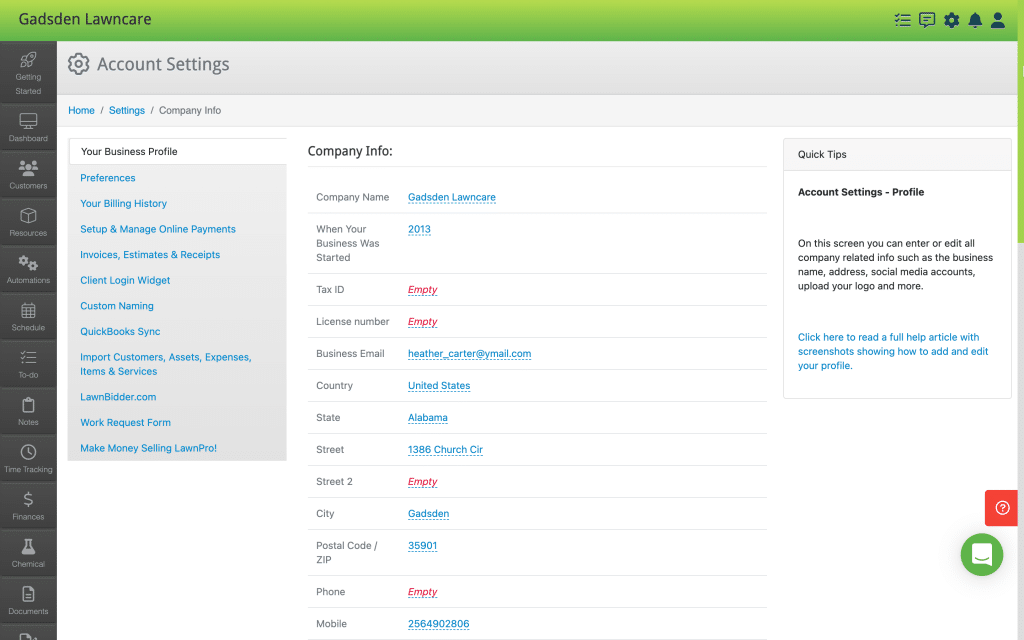 Your Business Profile – LawnPro Software Help