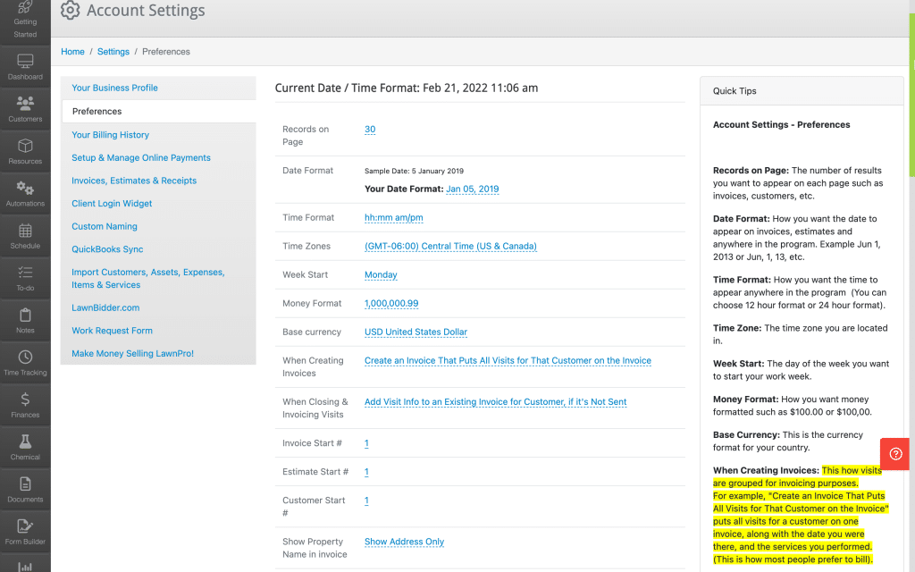 Preference Settings – LawnPro Software Help